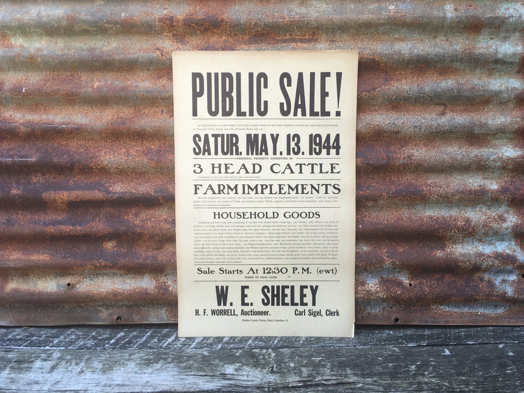 Vintage Farm Auction Animal Sale Poster Original 1944 Camden Ohio ...
