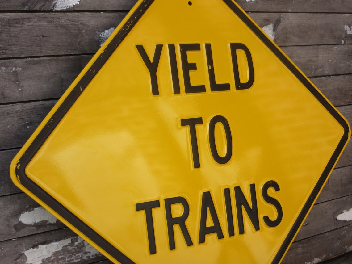 Vintage YIELD TO TRAINS Large Heavy Metal Sign Black & Yellow - Etsy