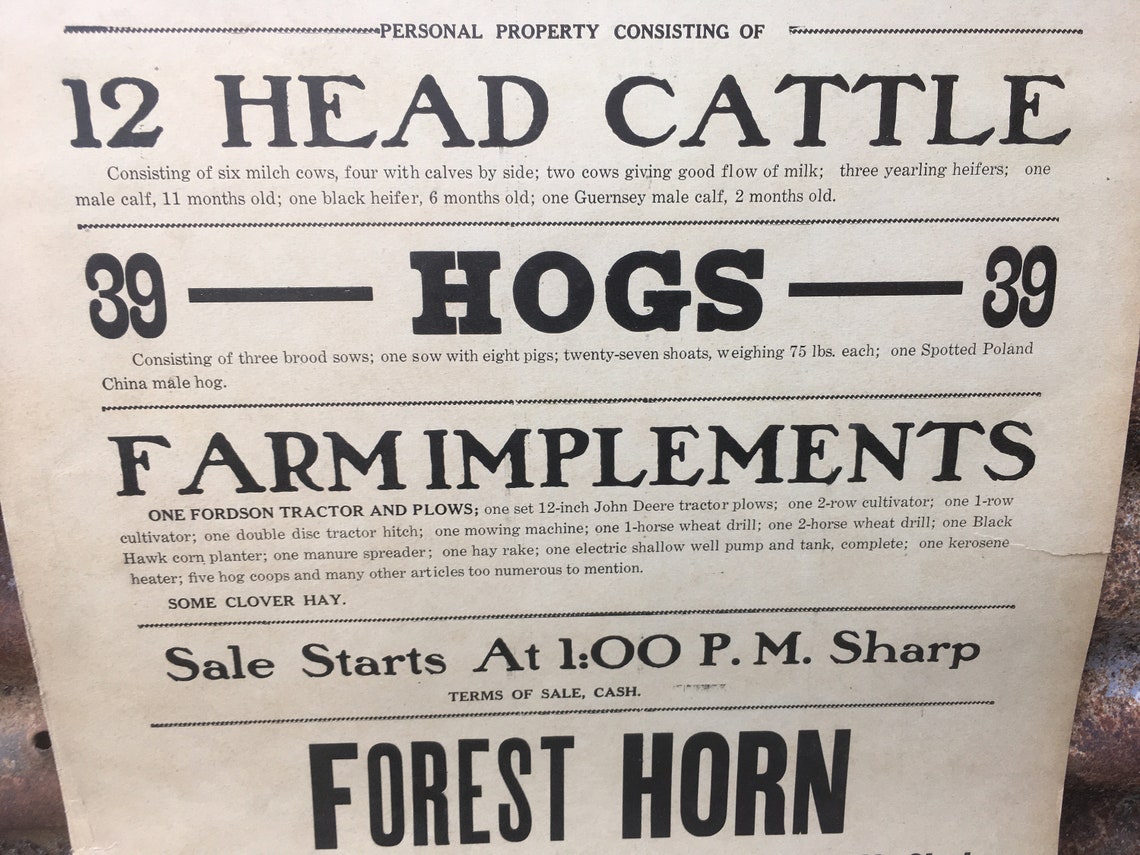 Vintage Farm Auction Sale Poster Forest Horn Camden Ohio 1944 - Etsy