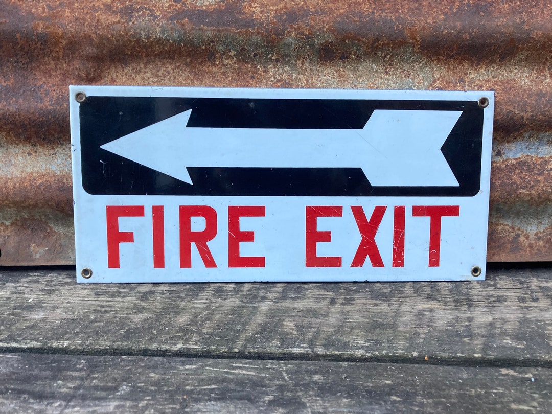 Vintage Fire Exit Sign 6 1/2 X 14 Inch Arrow Sign Porcelain Metal Sign ...