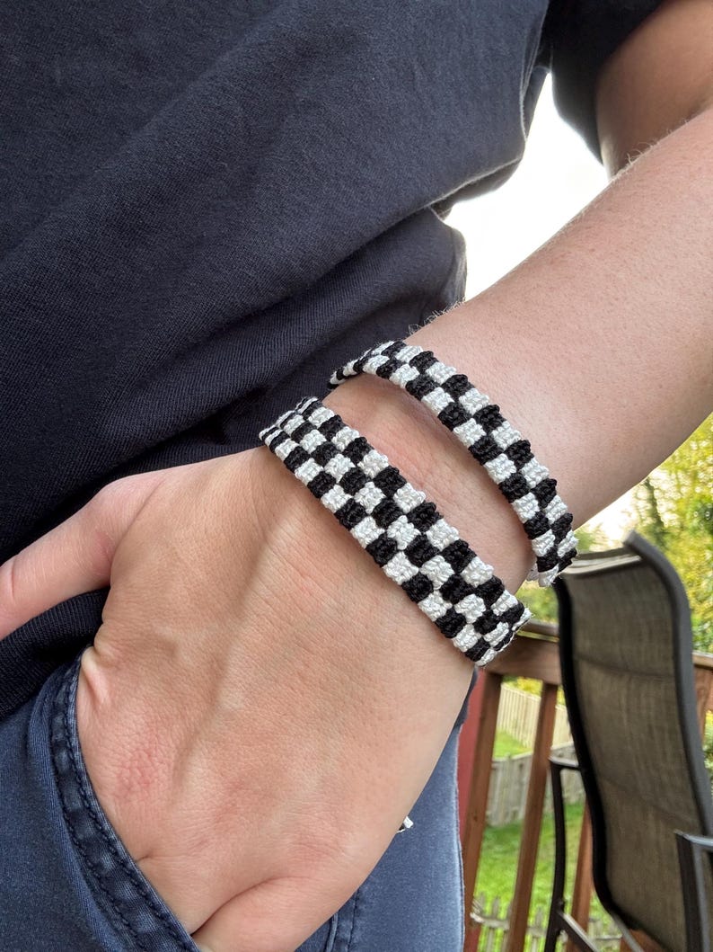 Black White Checkerboard Cotton Bracelet, Skater Boho Jewelry - Etsy