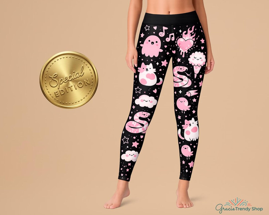 High Waisted Yoga Leggings: Kawaii Doodle Ghost & Pink Kitty Activewear ...