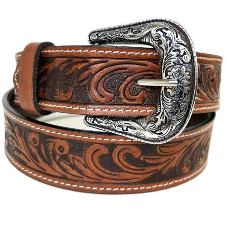 Handmade Tooled Leather Western Belt: Floral Engraved Cowhide, Full ...