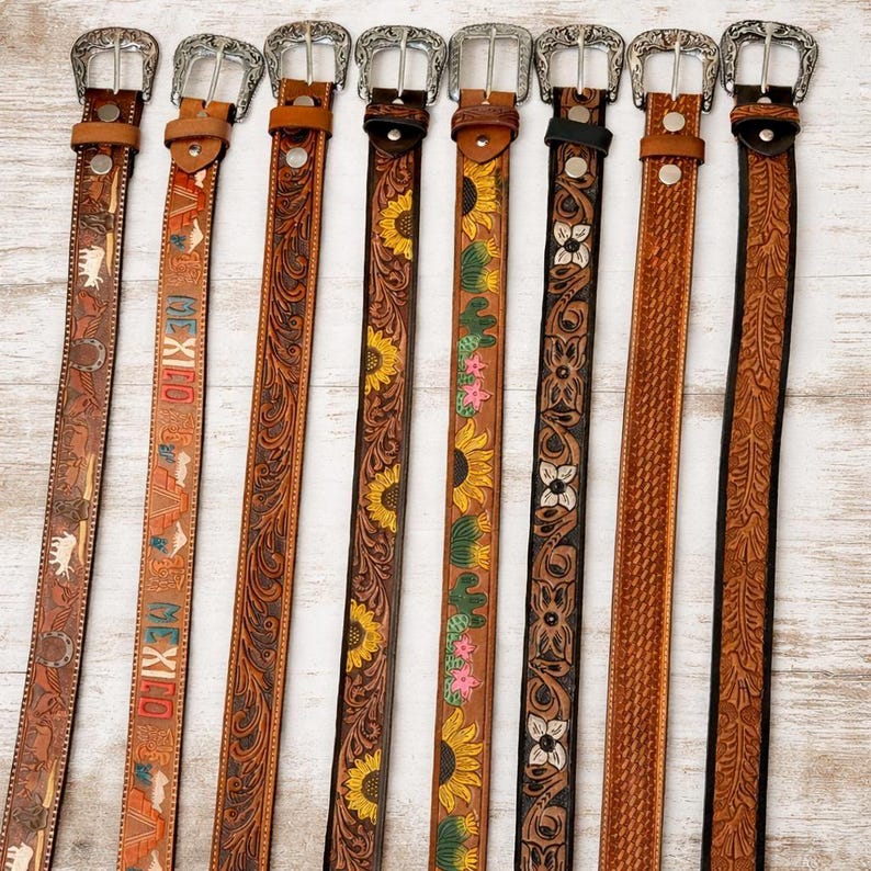 Handmade Tooled Leather Western Belt: Floral Engraved Cowhide, Full ...