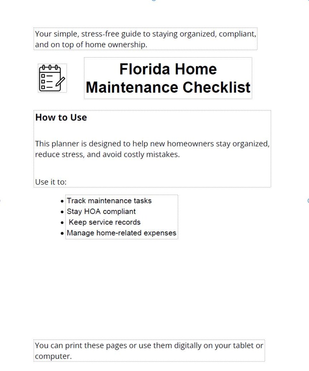 Florida Home Maintenance Checklist | Fillable PDF | HOA Home Planner ...