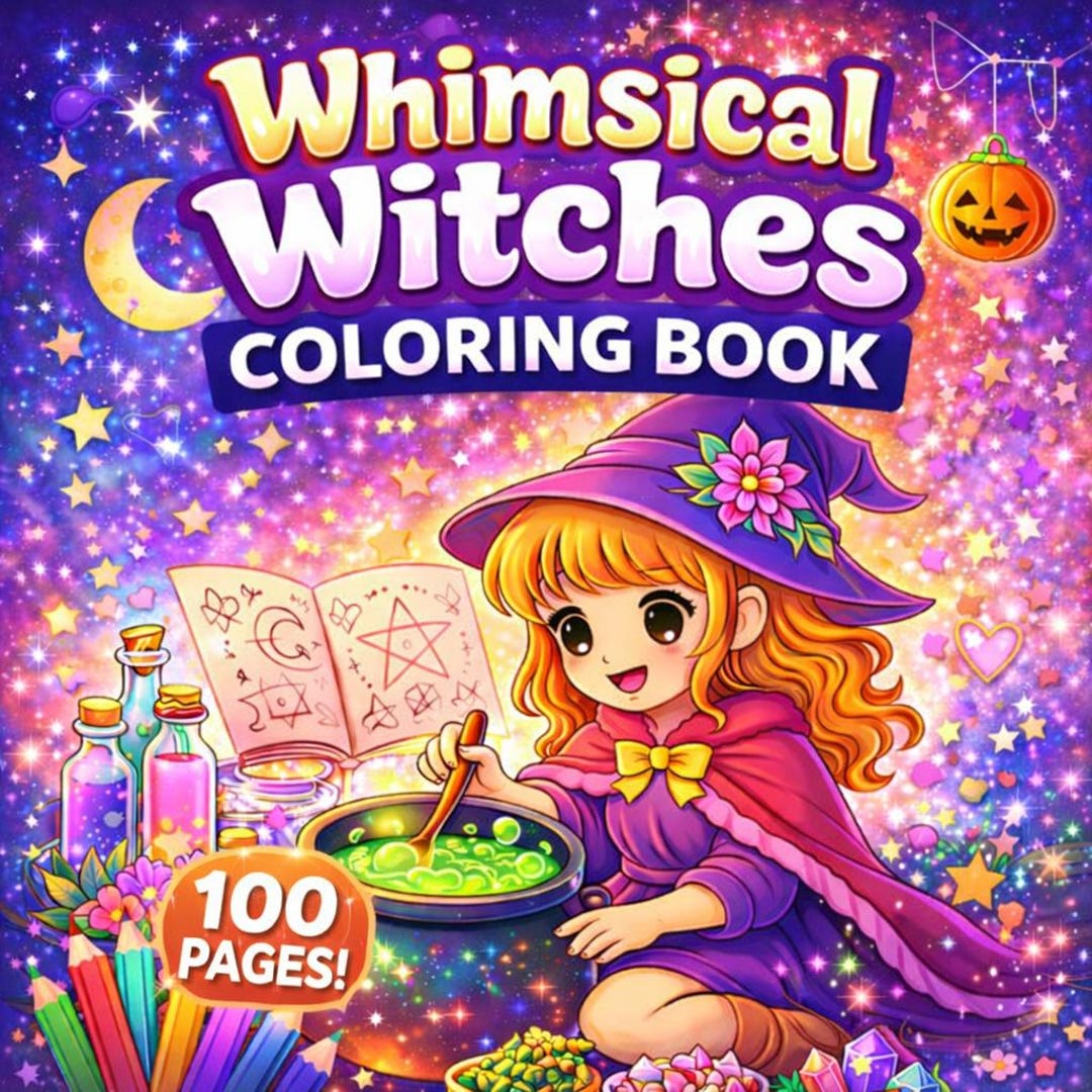 Whimsical Witches Coloring Book - 100 Cute Cozy Fantasy Pages ...