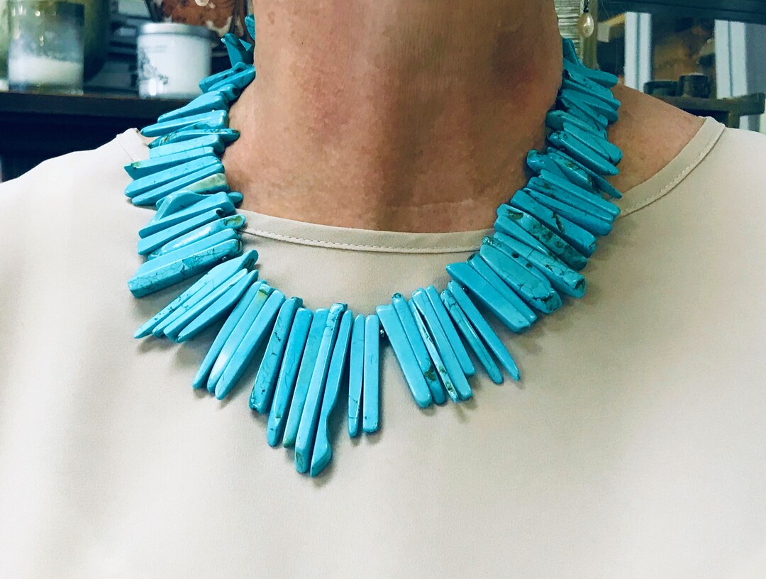 Vintage Cleopatra Style Turquoise Block Stick Tooth Statement Necklace ...
