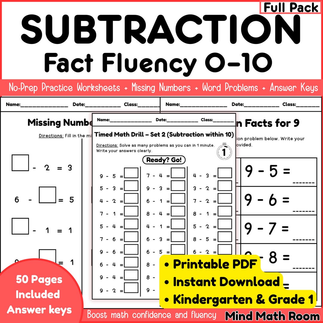 Subtraction Facts 0–10 Worksheets | Math Fact Fluency Practice ...