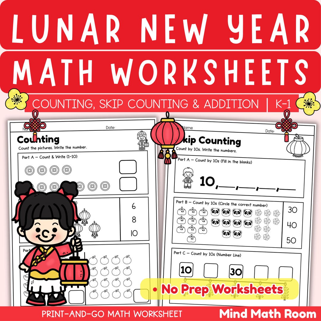 Lunar New Year Math Worksheets | K-1 Counting, Addition (printable PDF ...