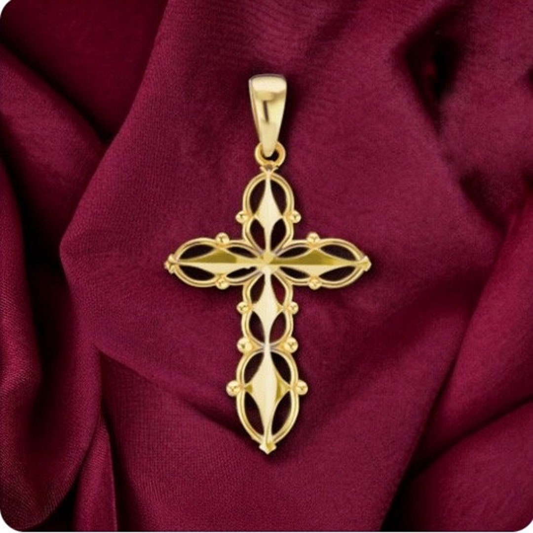 Religious 14K Gold Filigree Cross Pendant With Beaded Design - Etsy