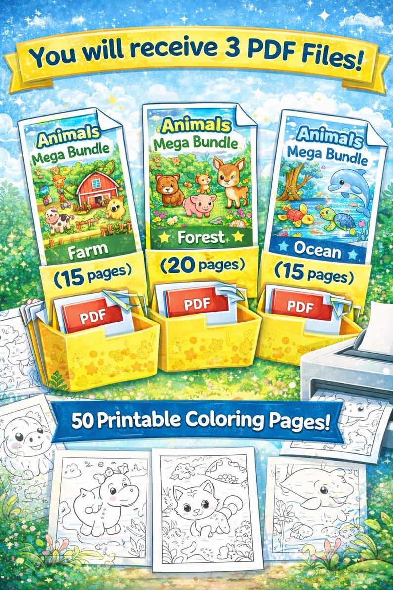 Animals Mega Coloring Bundle for Kids | 50 Printable Pages | Farm ...