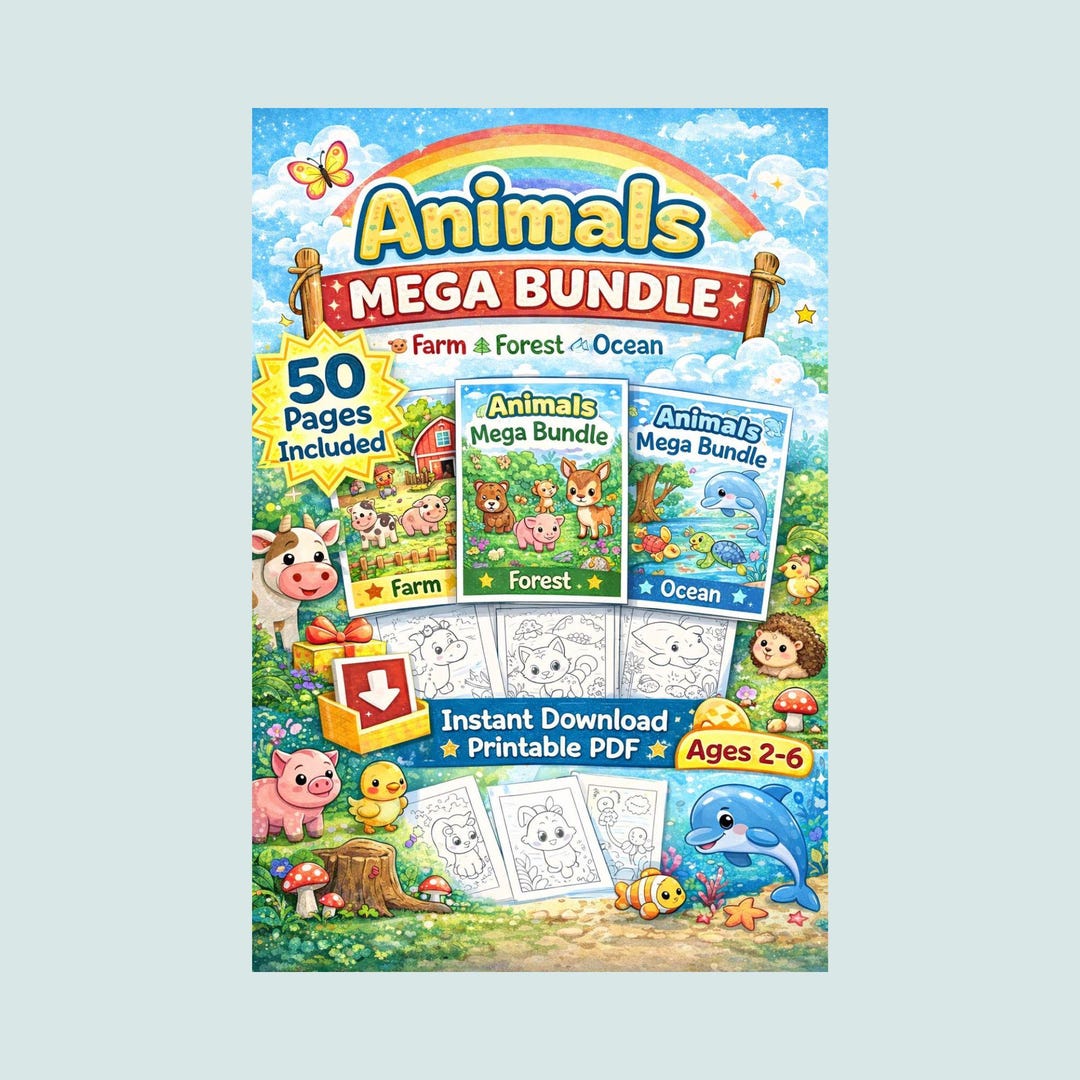 Animals Mega Coloring Bundle for Kids | 50 Printable Pages | Farm ...