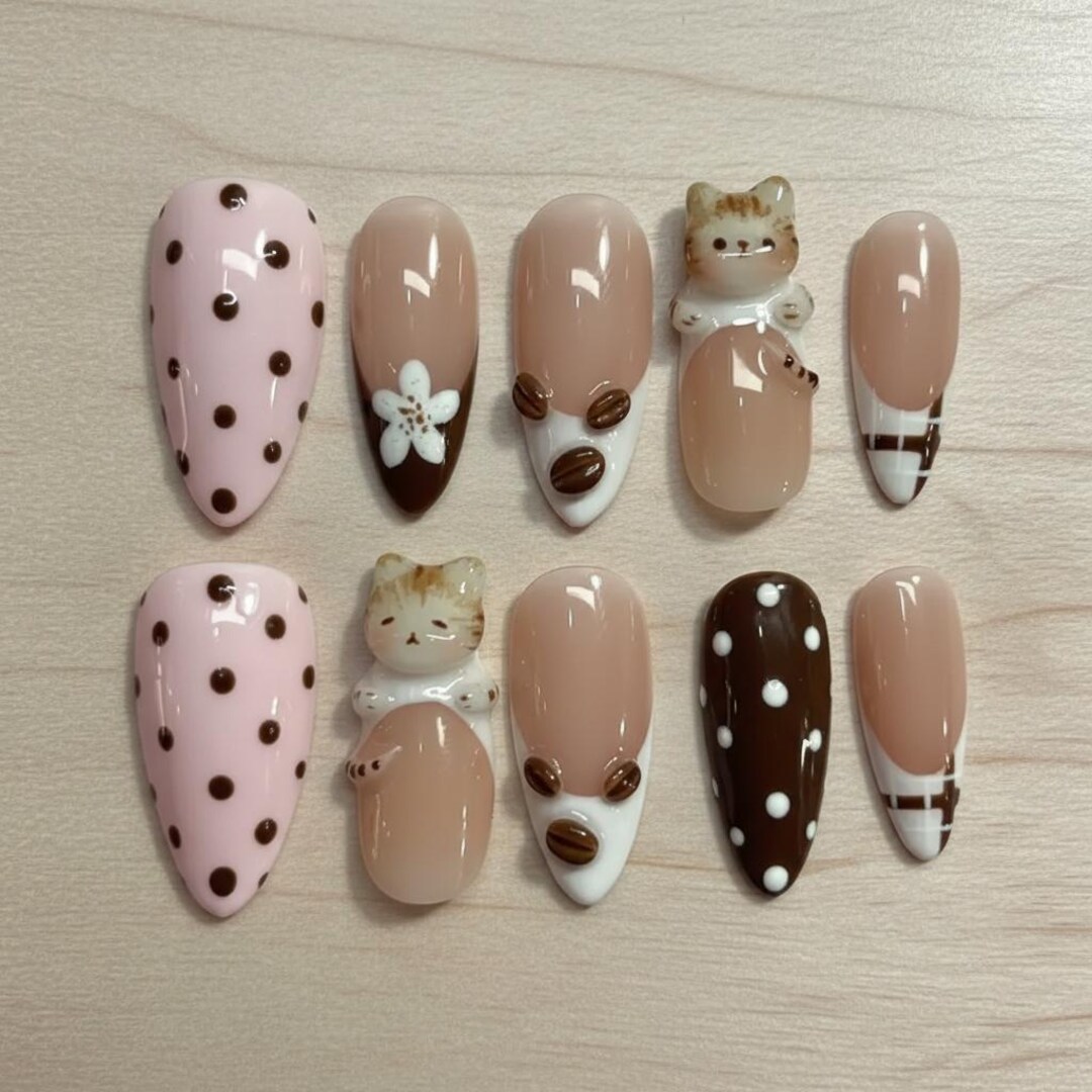3D Cat Coffee Bean Press on Nails, Kawaii Handmade Gel Fake Nail ...