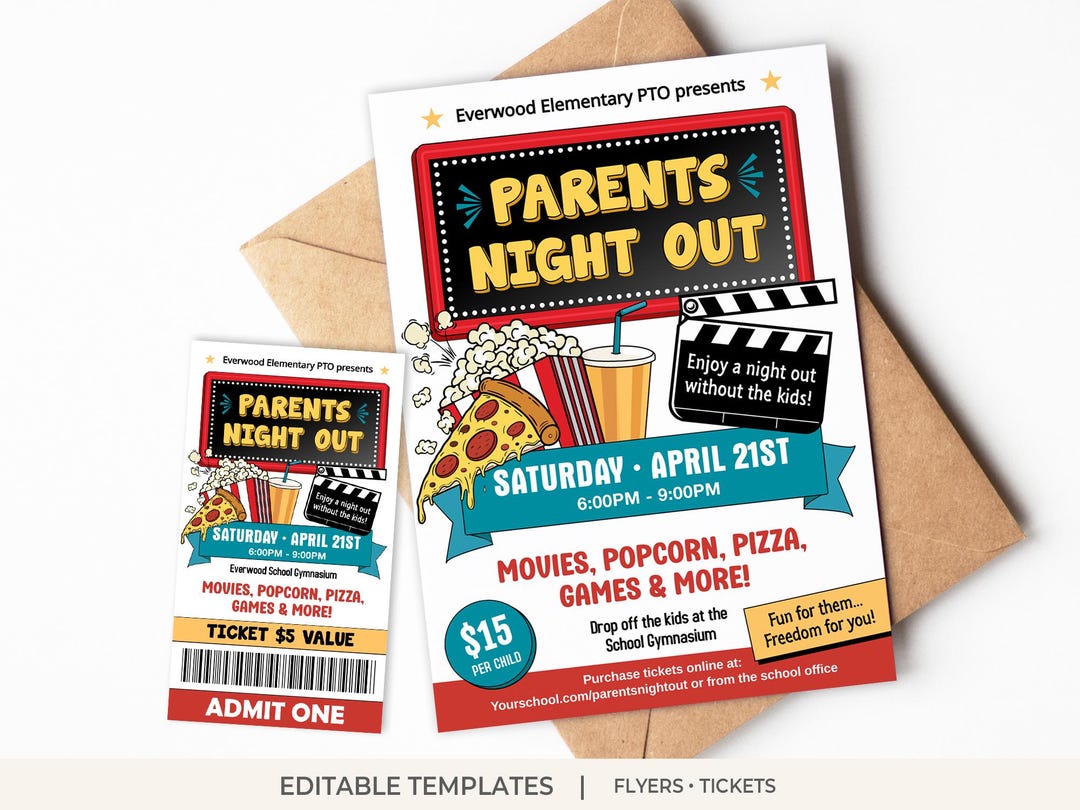 Parents Night Out Flyer & Ticket Templates | Editable PTO PTA School ...