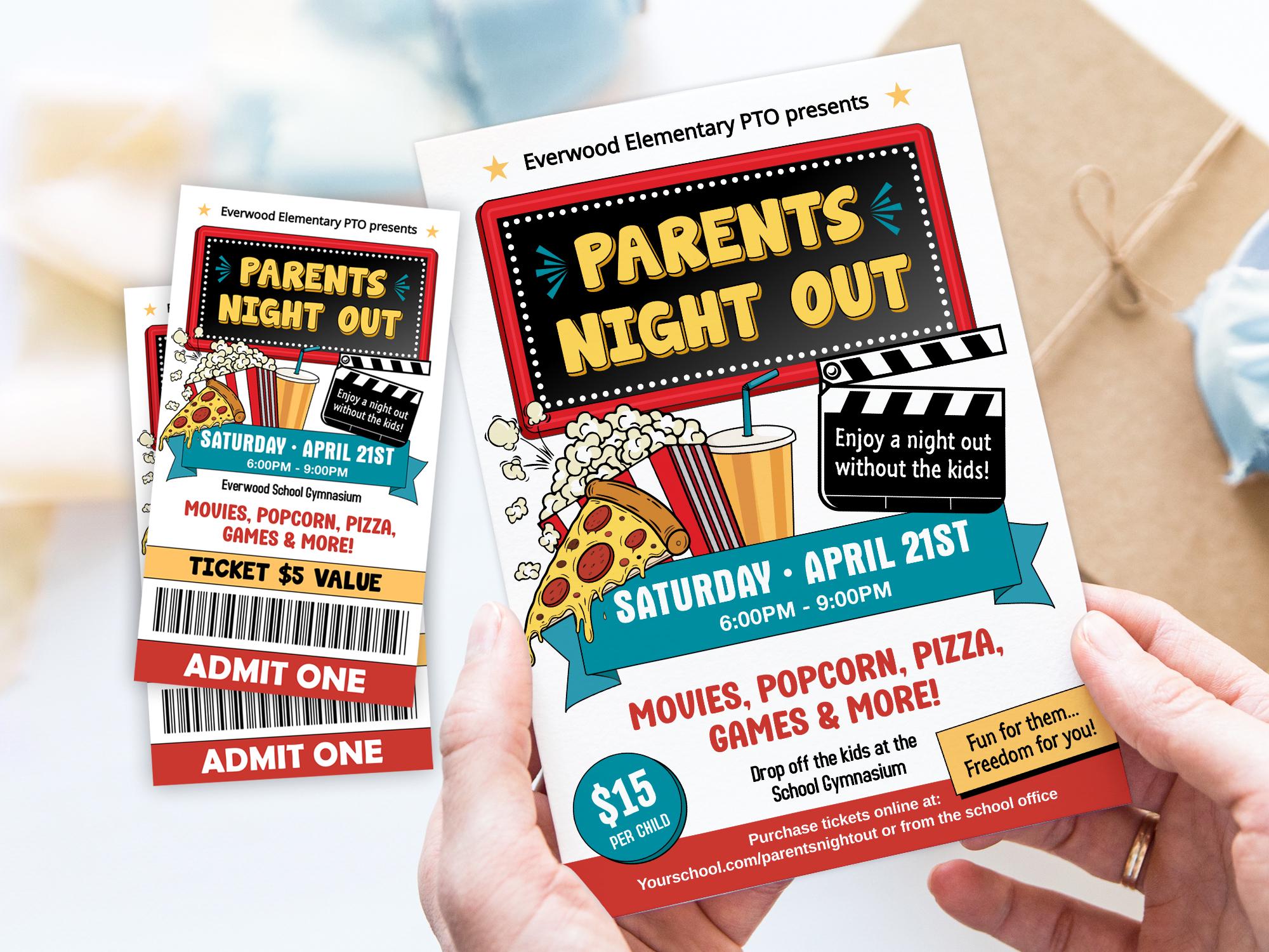 Parents Night Out Set | Editable Flyer Ticket Welcome Sign Bundle | PTO ...