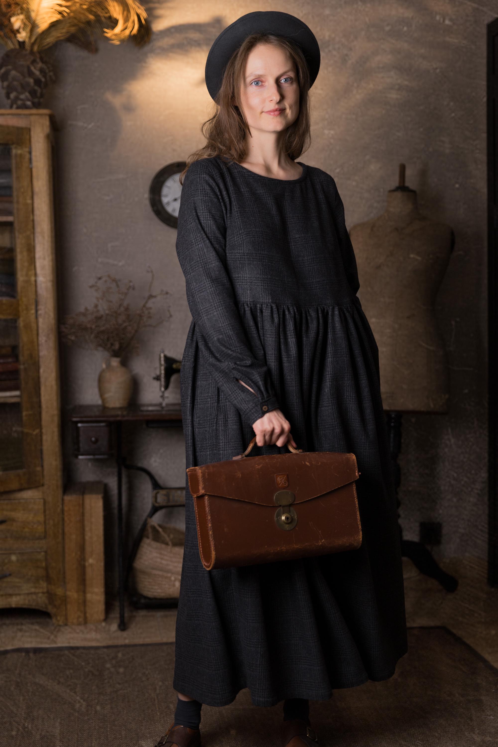 Wool Flannel Smock Dress With a Gathered Skirt and Long Sleeves THE ...