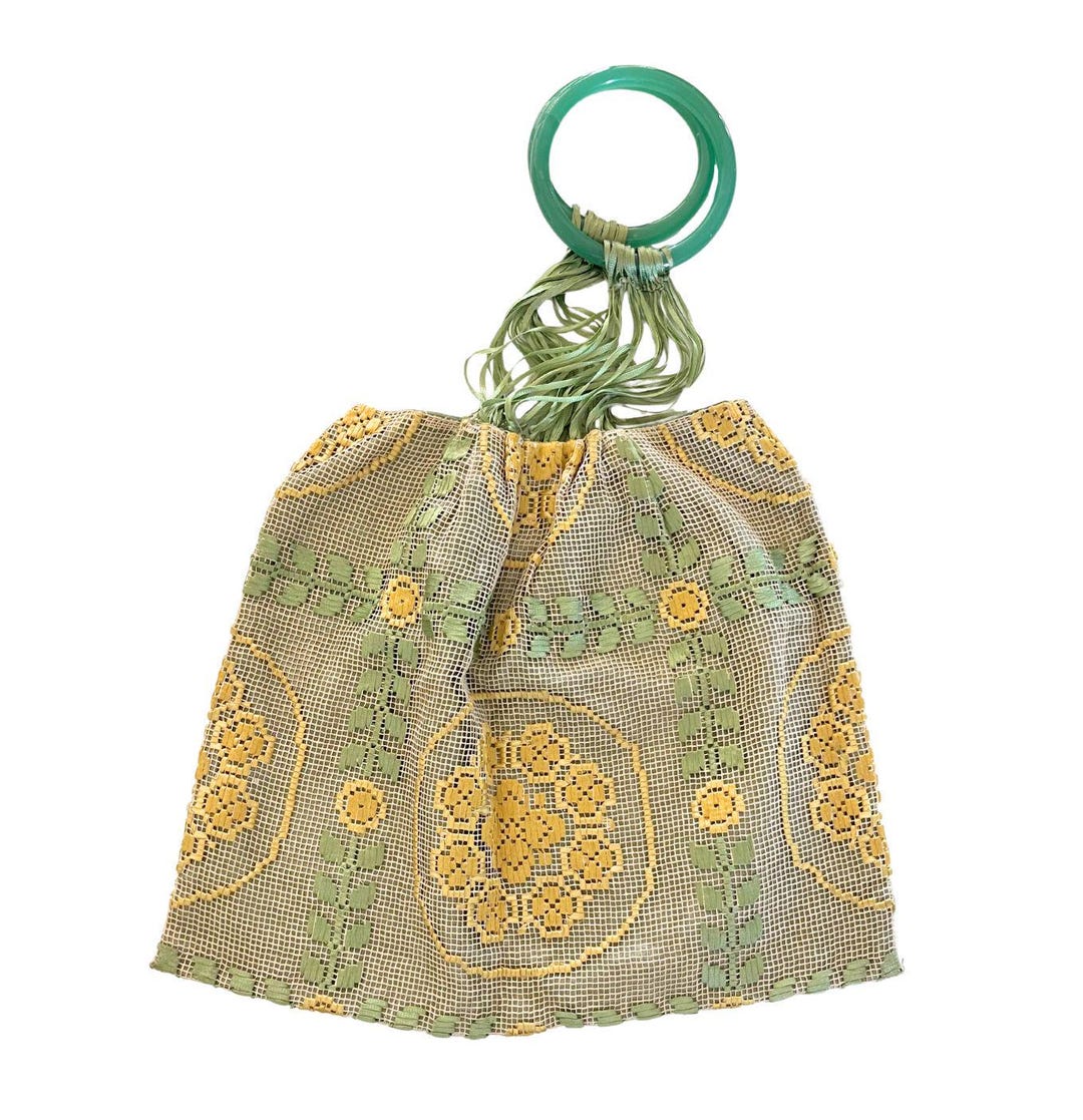 Vintage Late 1800s Early 1900s Round Green Glass Handle Fabric Handbag ...