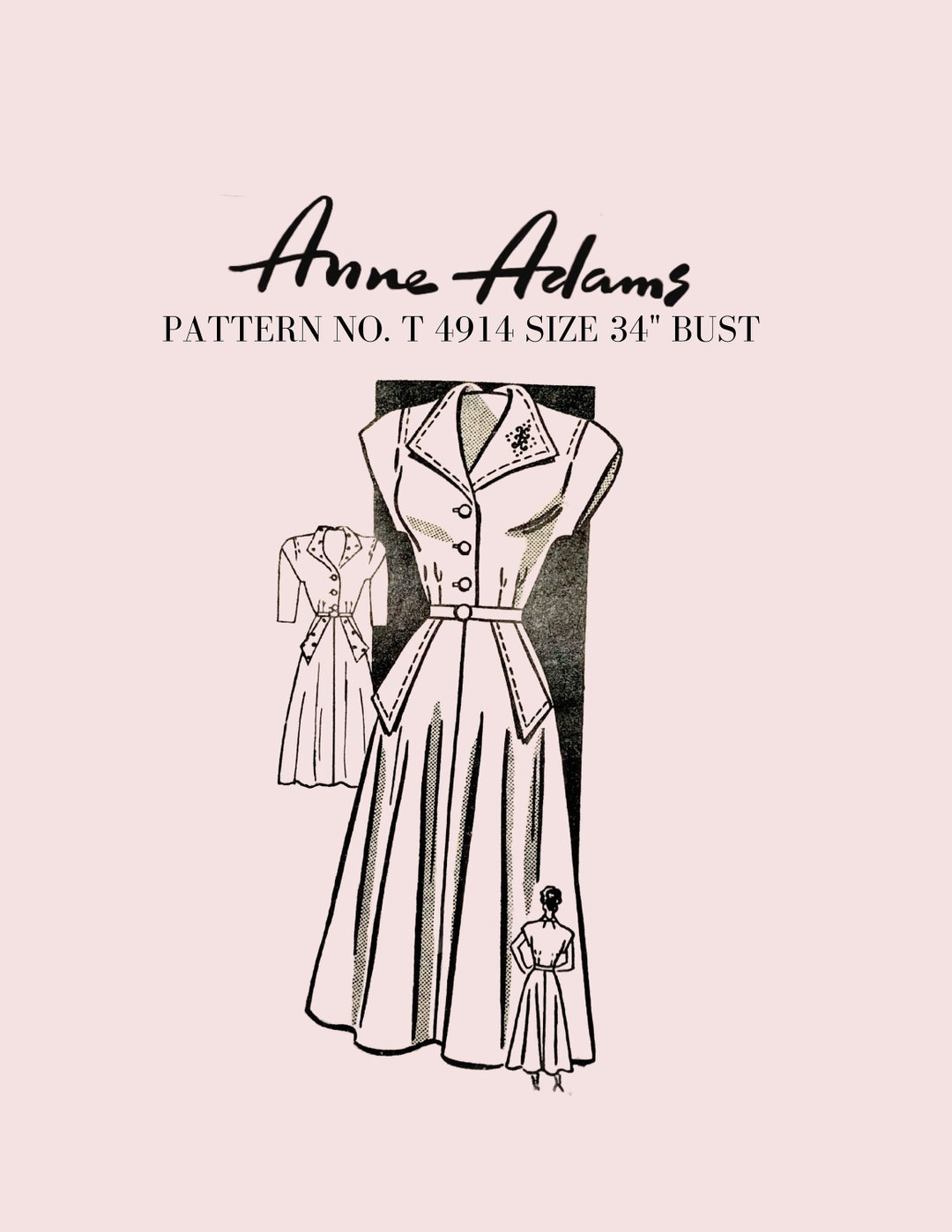 Vintage 1940s 50s Anne Adams Misses' Dress Pattern T-4914 // Size 34 ...