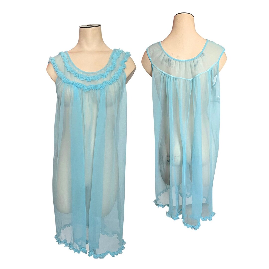 Vintage 1960s 70s Light Turquoise Sheer Nylon Nightie Nightgown // Size ...