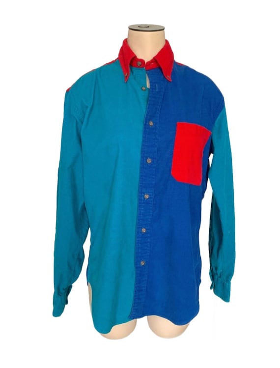 Vintage 1980s 90s Corduroy Color Block Shirt // XS S … - Gem