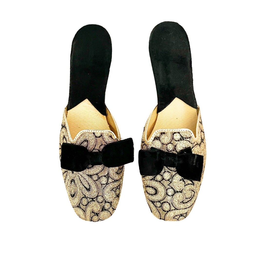 Vintage 1950s 60s Gold and Black Metallic Brocade Slippers With Black ...