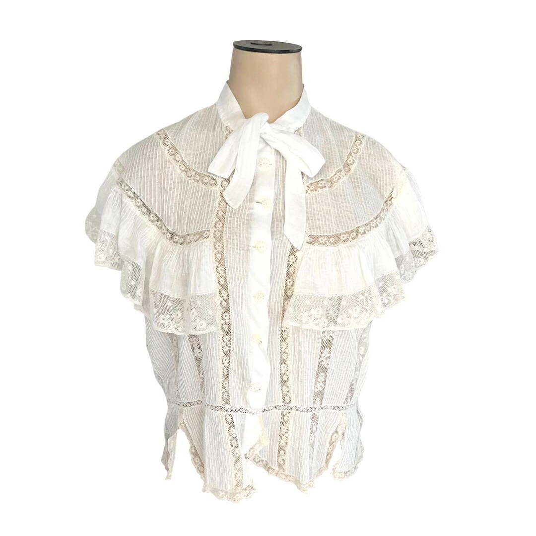 Vintage 1940s 50s Misses' Dainty White Blouse With Inset Lace and Tie ...
