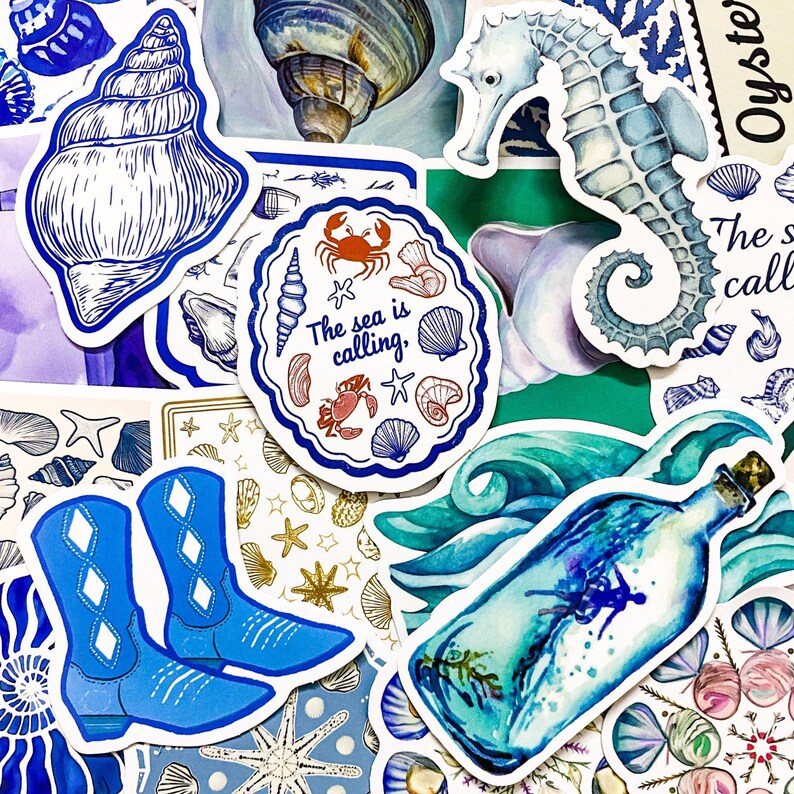50 Random Blue Sea Stickers Pack, Coastal Cowgirl Stickers, Seashell ...