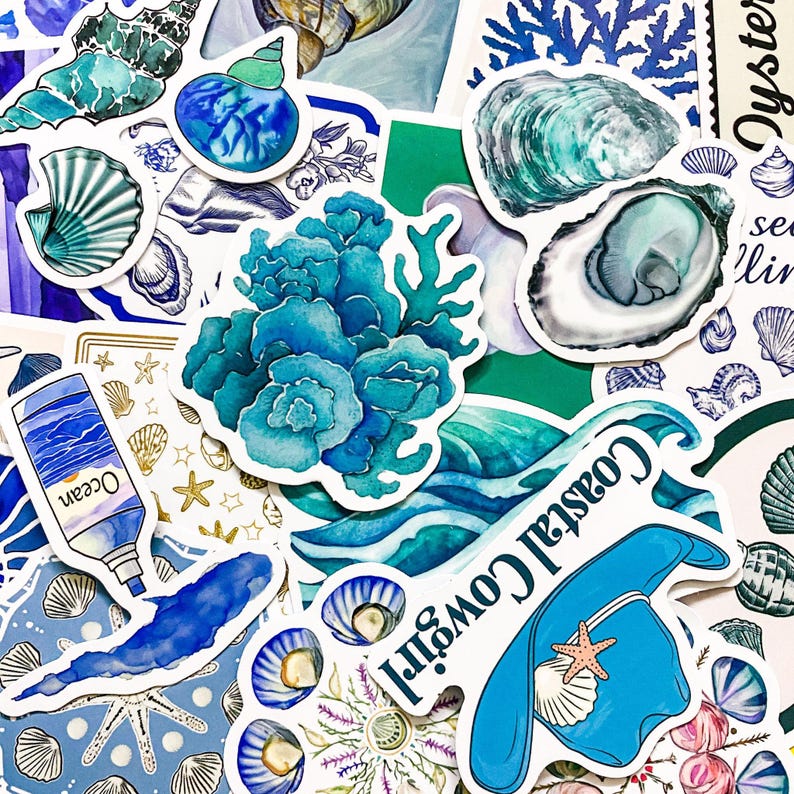50 Random Blue Sea Stickers Pack, Coastal Cowgirl Stickers, Seashell ...