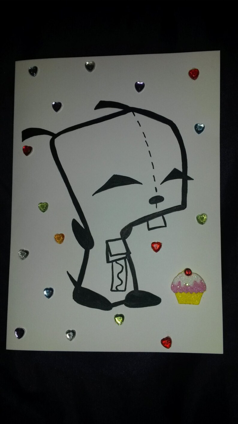 Hand Painted Gir Invader Zim Cupcake Blank Birthday Card | Etsy