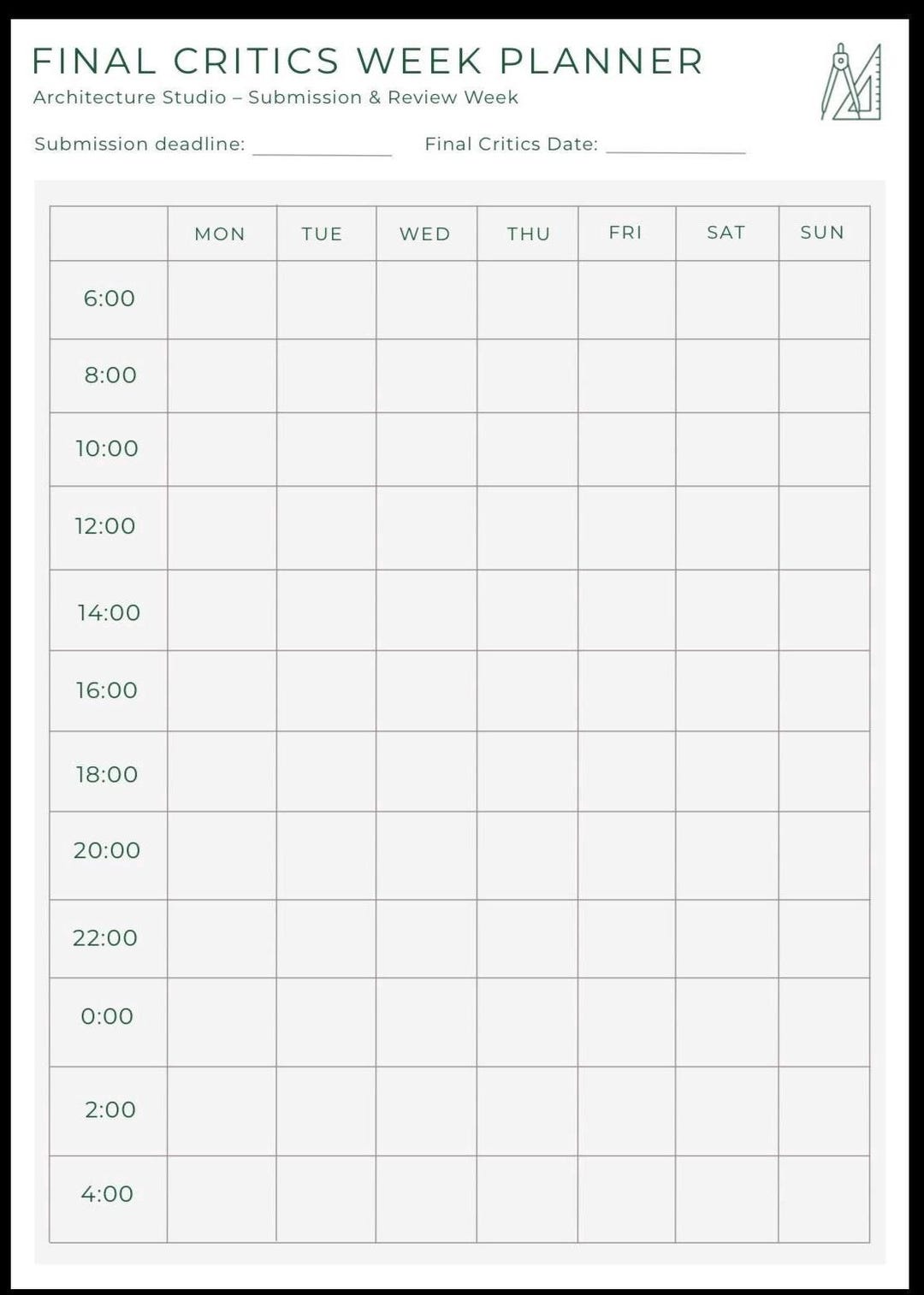 Architecture Final Crit Week Planner | Studio Submission Organizer ...