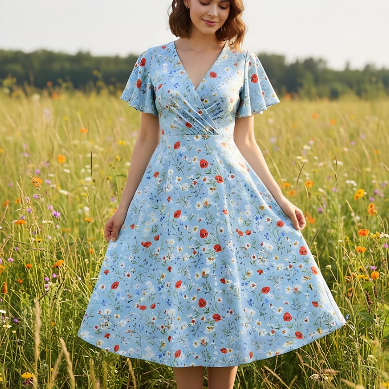 Flutter Sleeve Wrap Dress Sewing Pattern PDF – Beginner Friendly A-line ...