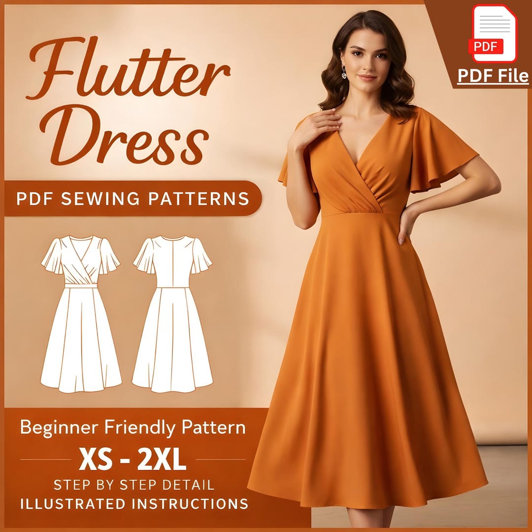 Flutter Sleeve Wrap Dress Sewing Pattern PDF – Beginner Friendly A-line ...