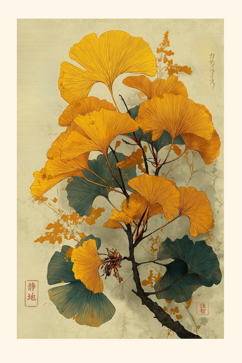 Golden Ginkgo Japanese Botanical Art Print – Japandi Nature Poster - Etsy
