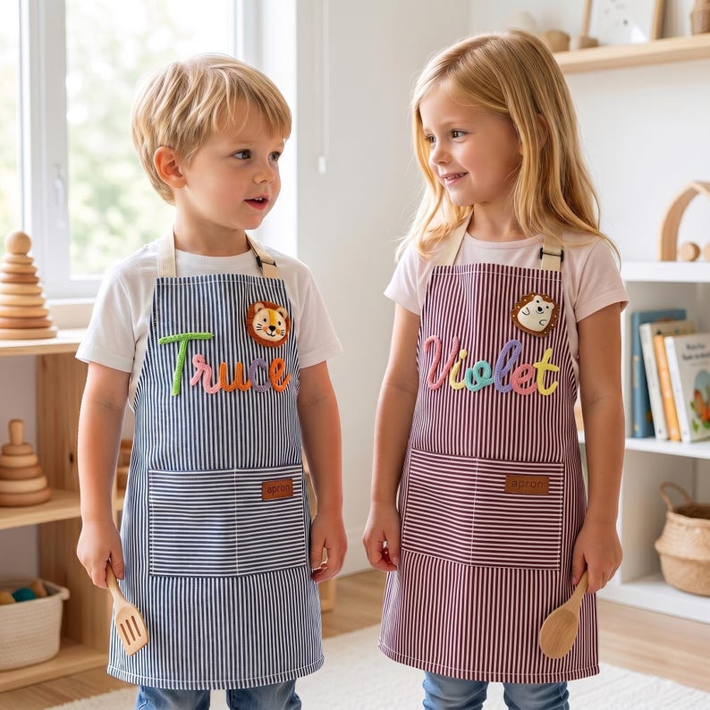 Personalized Kids Striped Apron With Custom Name, 3D Animal Patch ...