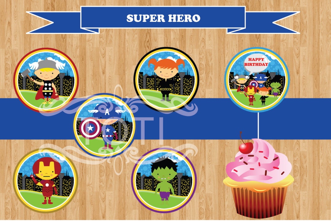 Super Hero | Cupcake Toppers, Stickers, Labels and Favor Tags [INSTANT ...