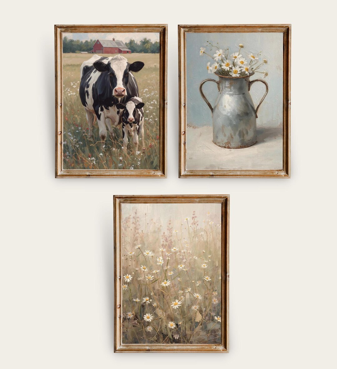 Vintage Farmhouse Cow Wall Art Daisy Meadow Prints Rustic Floral Decor ...