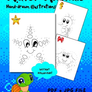 Water Animals Dot to Dot Coloring Pages | 10 Printable Hand-drawn ...