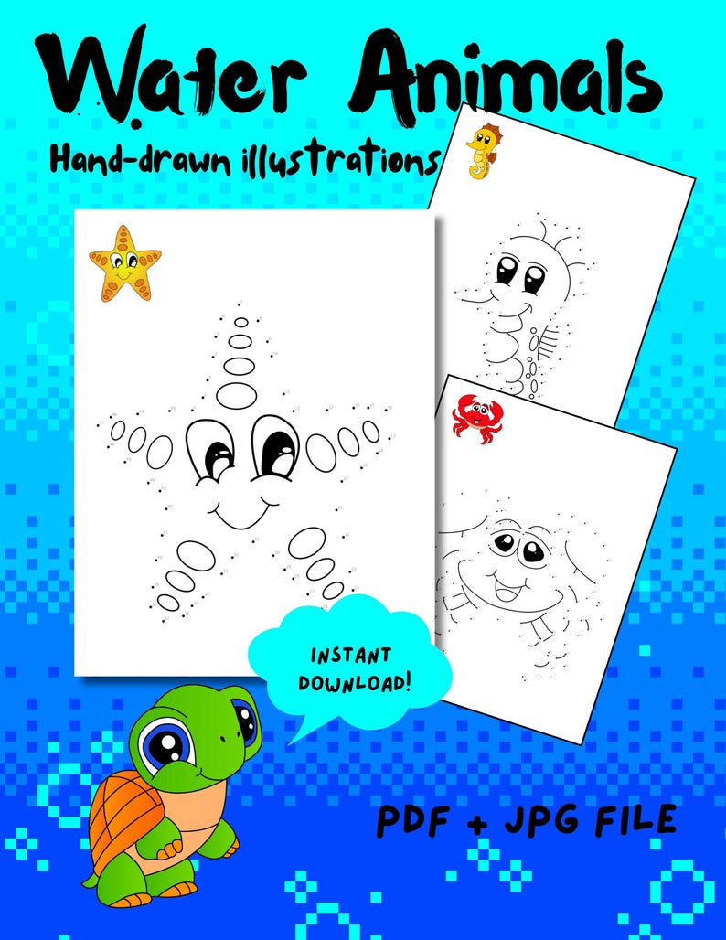 Water Animals Dot to Dot Coloring Pages | 10 Printable Hand-drawn ...