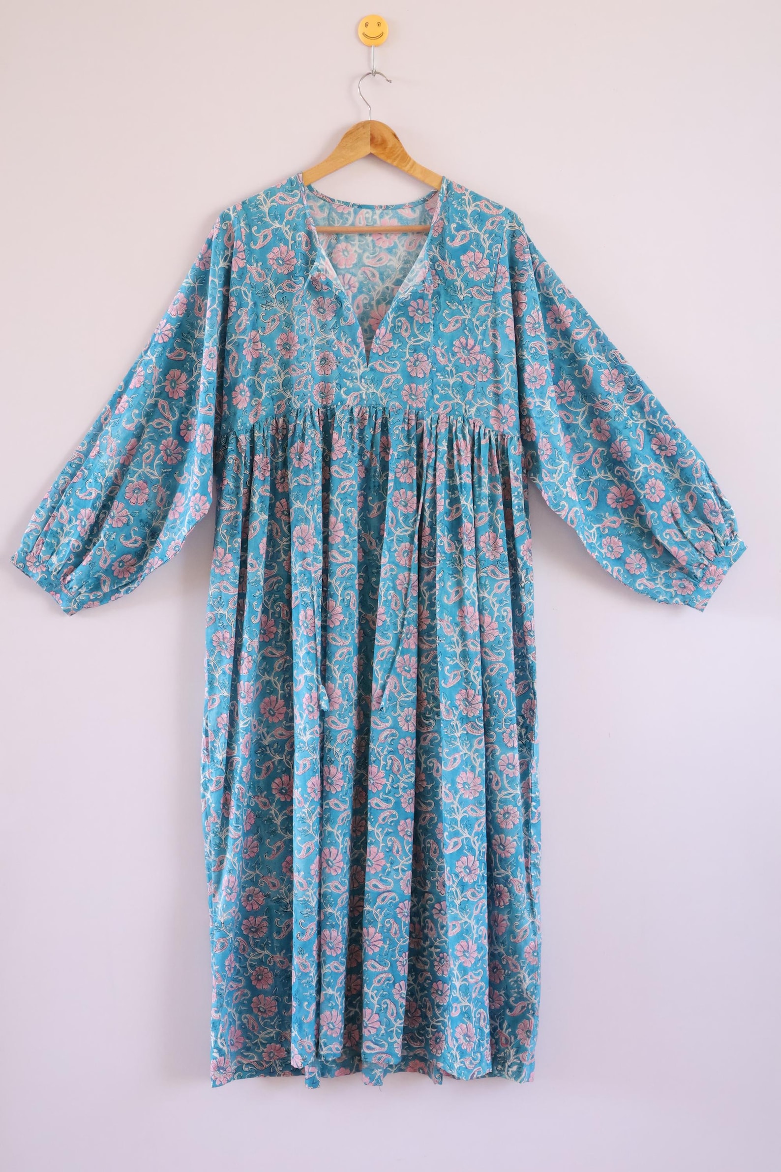 Blue Floral Block Print Dress, Cotton Midi/Mini Gown, Handmade Ethical ...