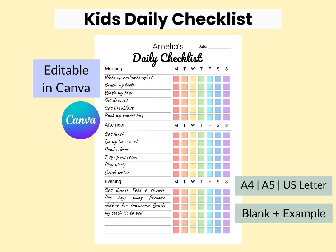 Kids Daily Checklist, Editable Canva Template (printable PDF, A4/A5/US ...