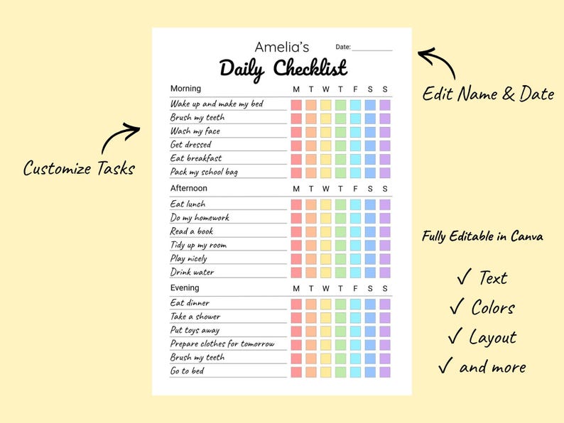 Editable Kids School Day Checklist | Routine Chart, Canva Template ...
