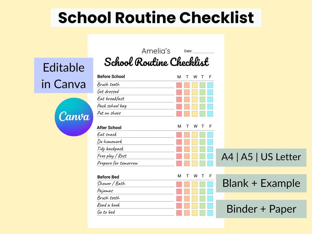 Editable Kids School Day Checklist | Routine Chart, Canva Template ...