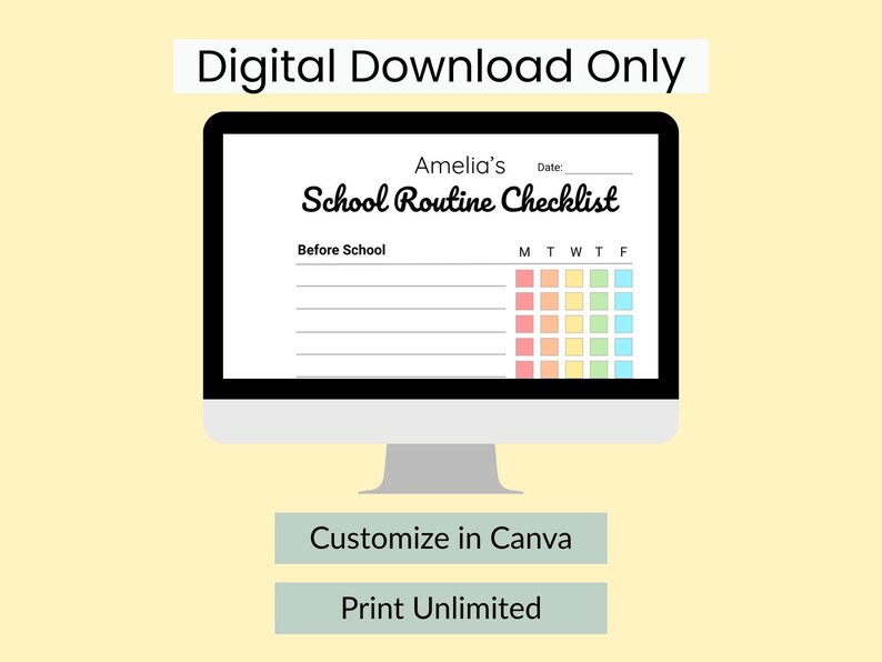 Editable Kids School Day Checklist | Routine Chart, Canva Template ...