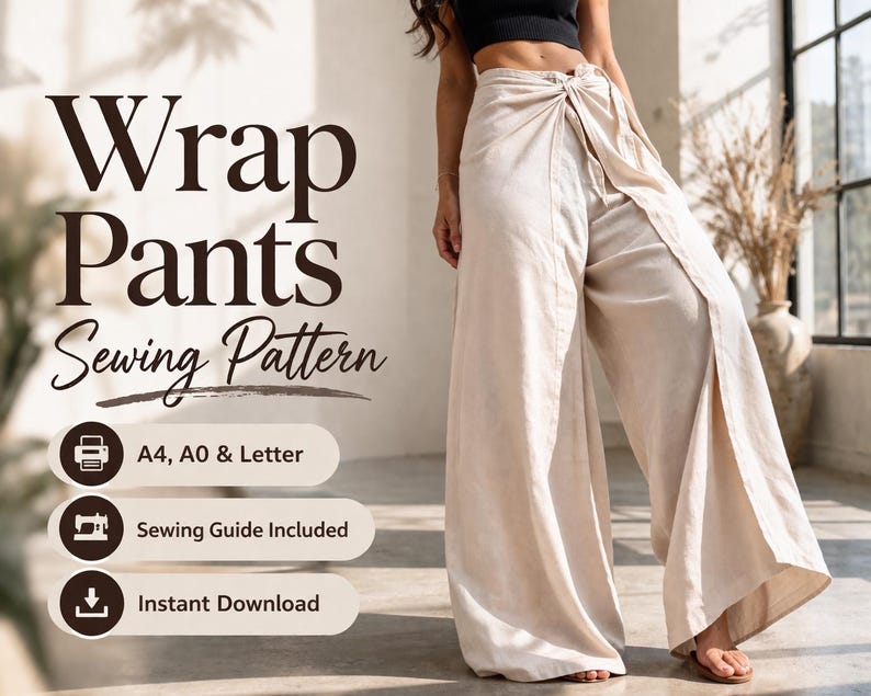 Wide Leg Wrap Pants Sewing Pattern, High Waist Tie Trousers (digital ...