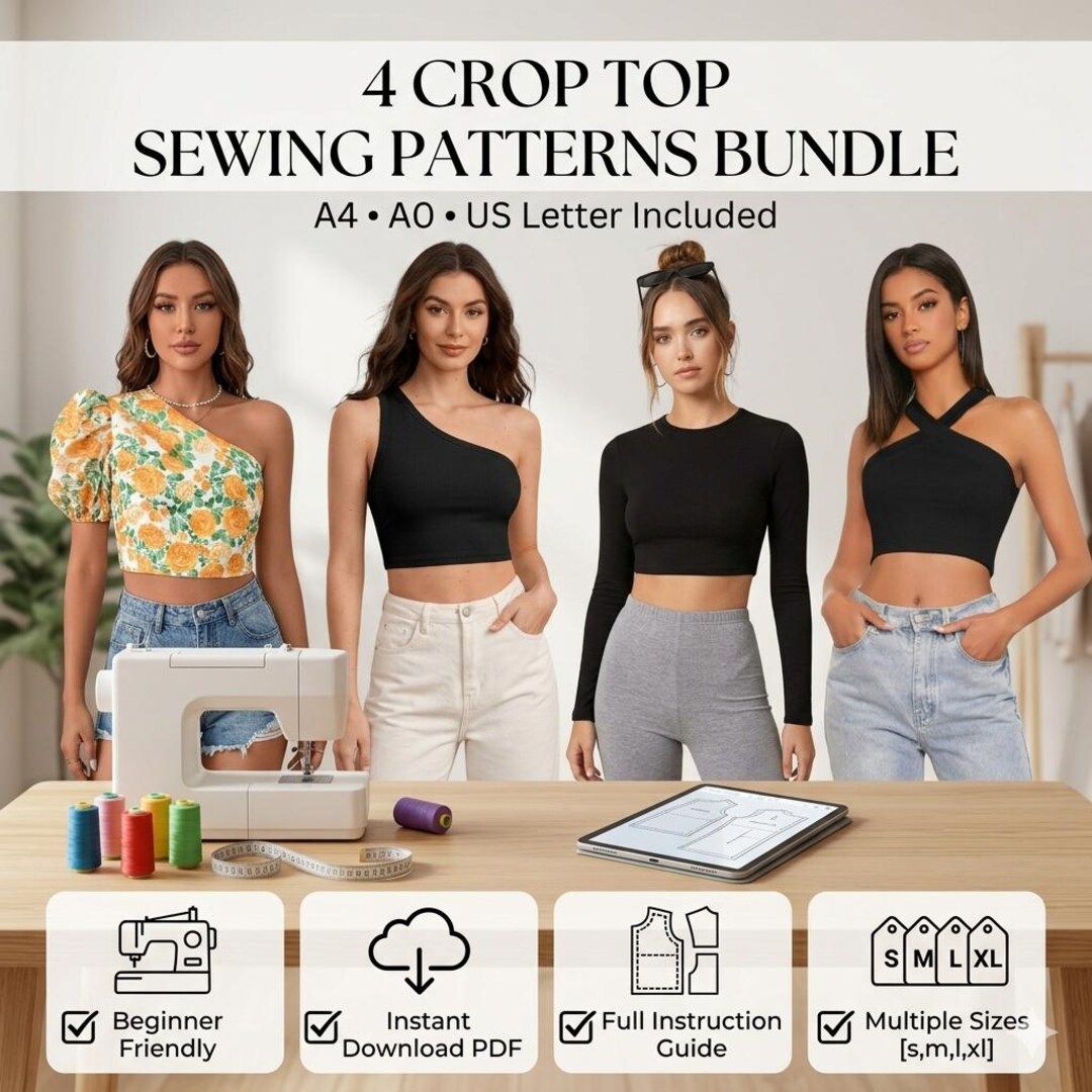 4-in-1 Crop Top Sewing Pattern Bundle | Halter, One Shoulder, Long ...