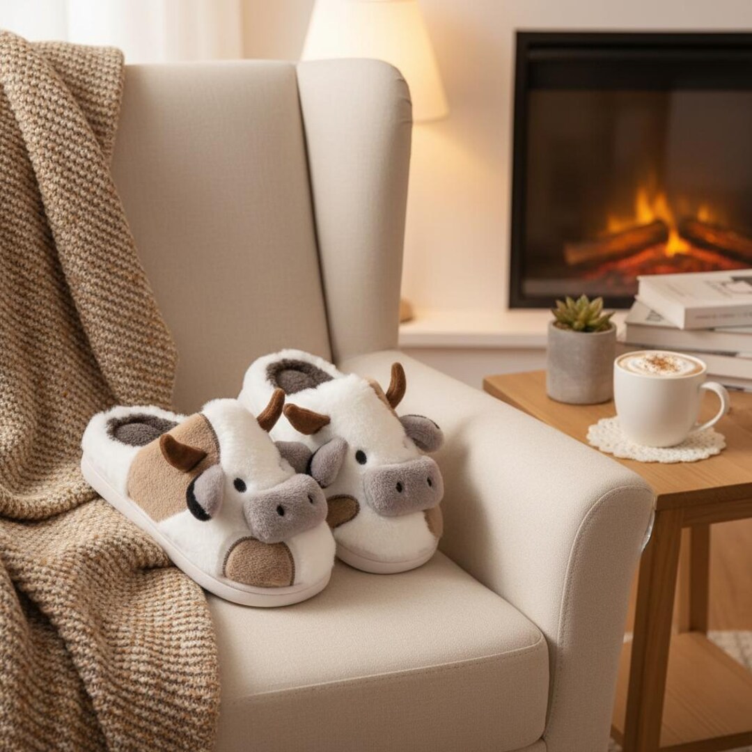 Cow Milk Fuzzy Slippers for Women Winter Plush Cozy Cartoon Fur House ...