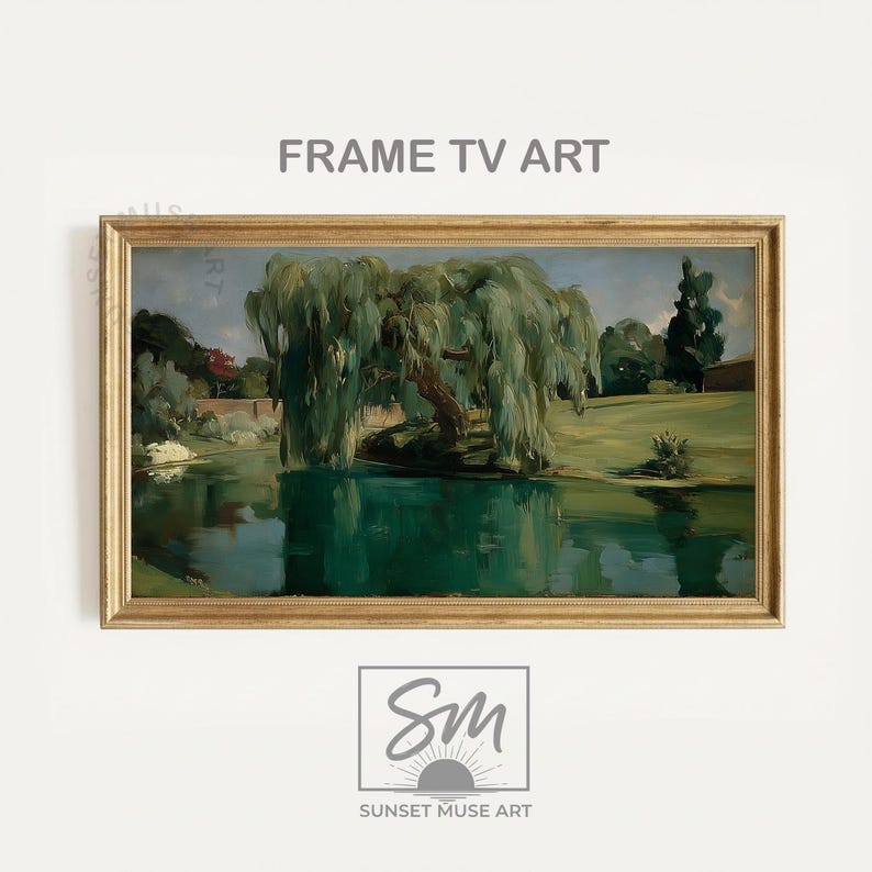 Frame TV Art Impressionist Landscape / Vintage Willow Tree Rustic Decor ...