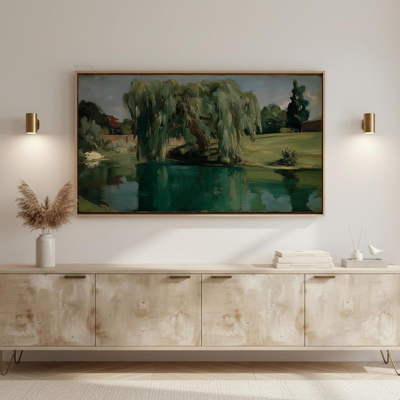 Frame TV Art Impressionist Landscape / Vintage Willow Tree Rustic Decor ...