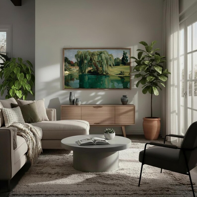 Frame TV Art Impressionist Landscape / Vintage Willow Tree Rustic Decor ...