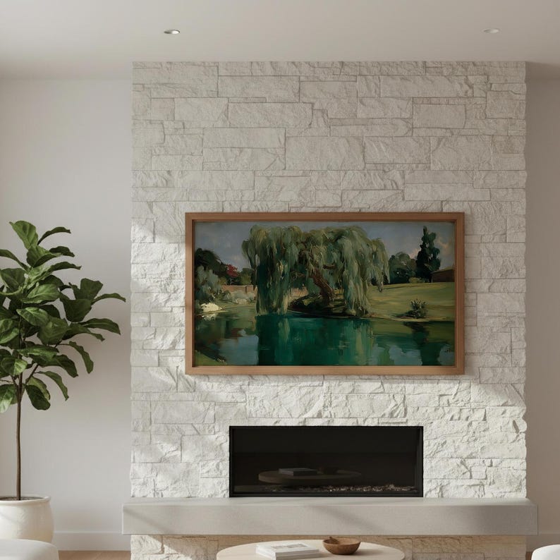Frame TV Art Impressionist Landscape / Vintage Willow Tree Rustic Decor ...